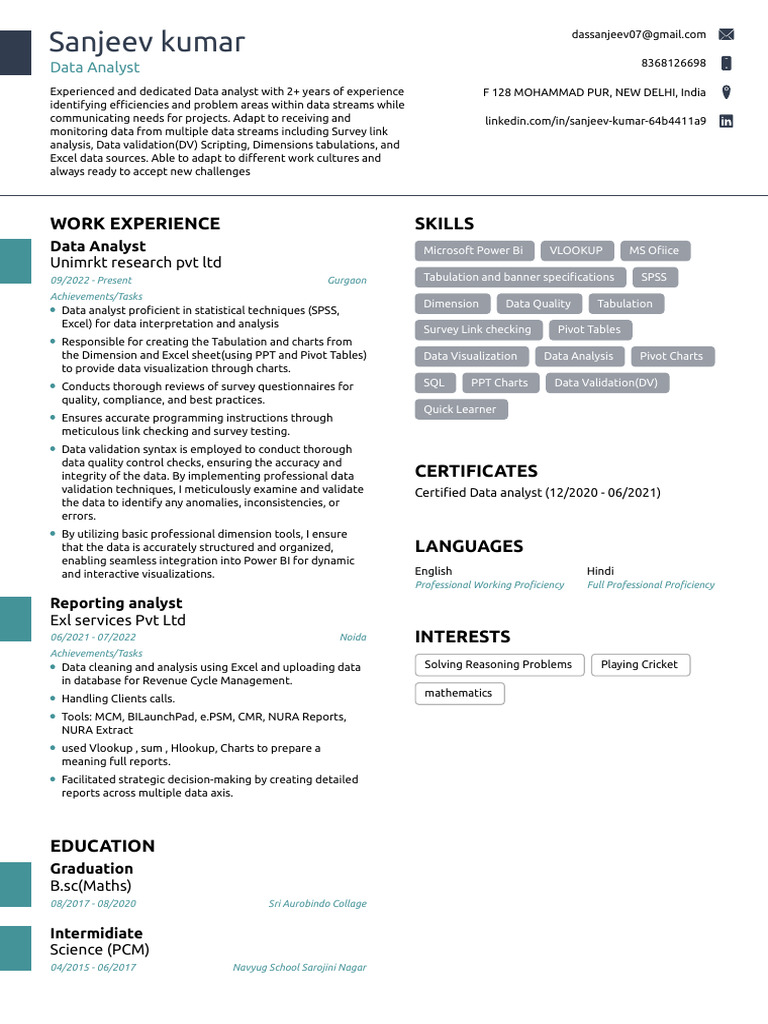 Sanjeev Kumar's Resume | PDF | Data Analysis | Microsoft Excel