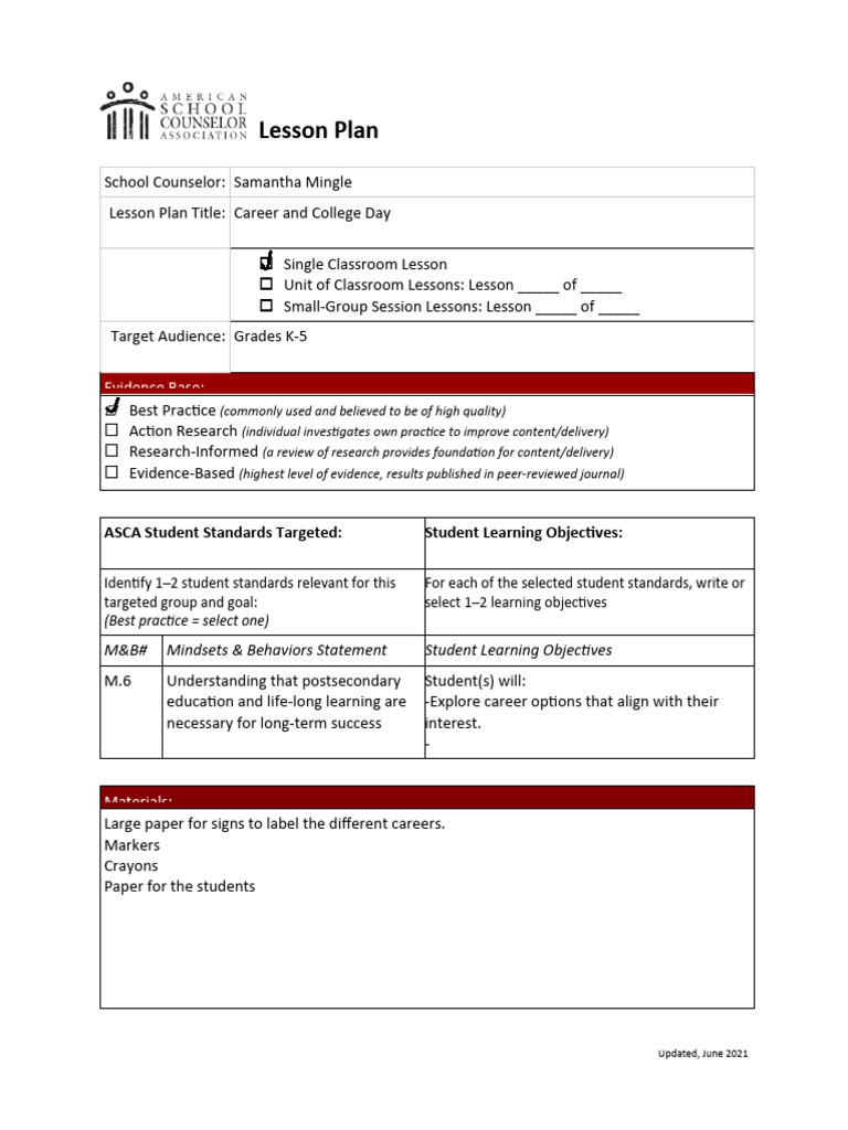 Lesson Plan | PDF | School Counselor | Lesson Plan