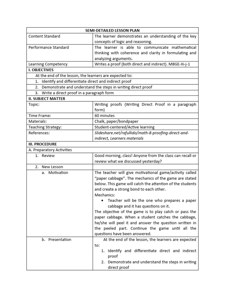 Lesson Plan in Direct Proof (Paragraph Form) | PDF | Mathematical Proof ...