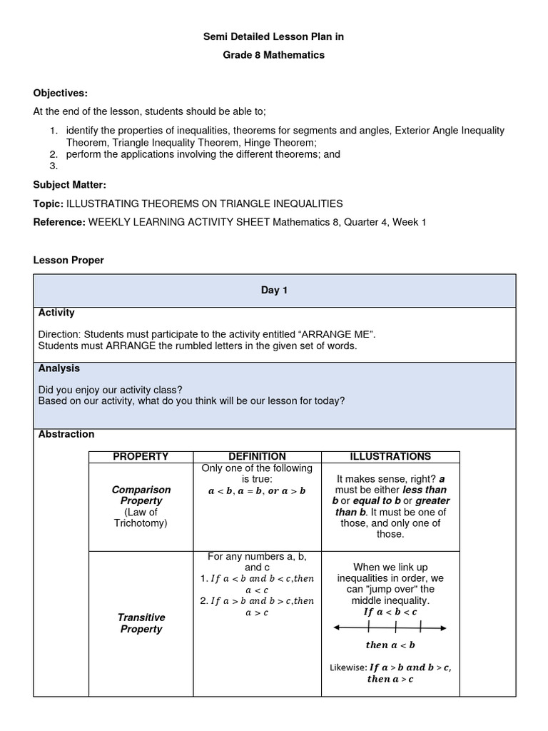 Lesson Plan in Triangle Inequalities | PDF | Triangle | Mathematics