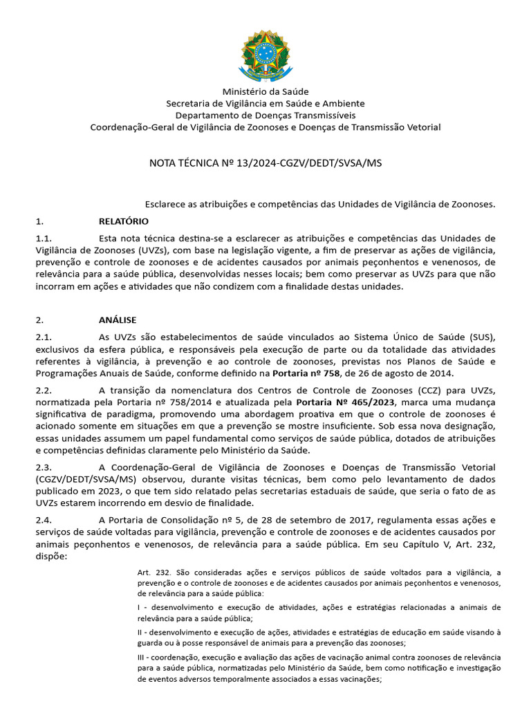 Nota Técnica N 13 - 2024-CGZV - Dedt - Svsa - MS | PDF | Epidemiologia ...