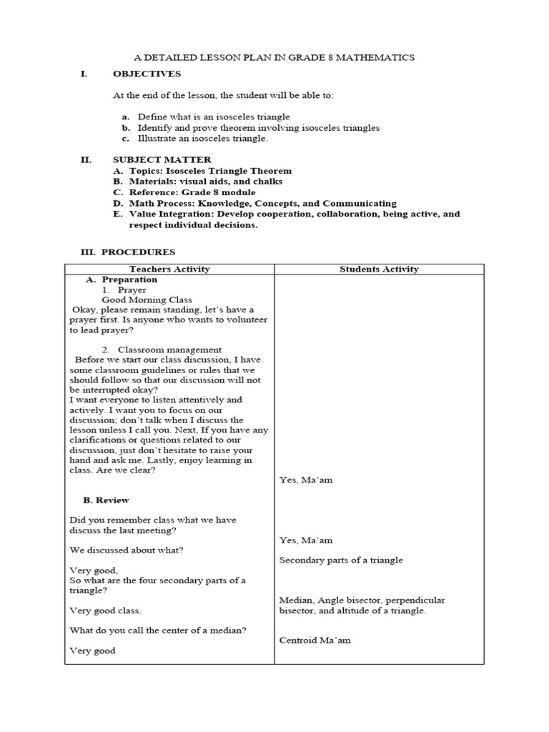 Isosceles Triangle Lesson Plan for Grade 8 | PDF | Triangle ...