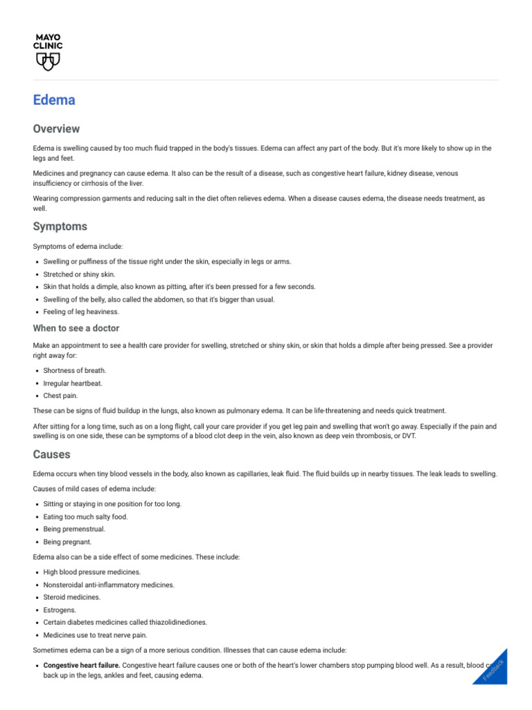 Edema - Symptoms and Causes - Mayo Clinic | PDF | Edema | Vein