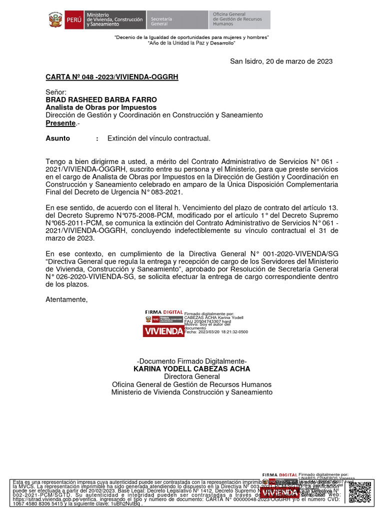 CARTA No 048 - 2023-VIVIENDA-OGGRH (R) | PDF | Gobierno | Justicia