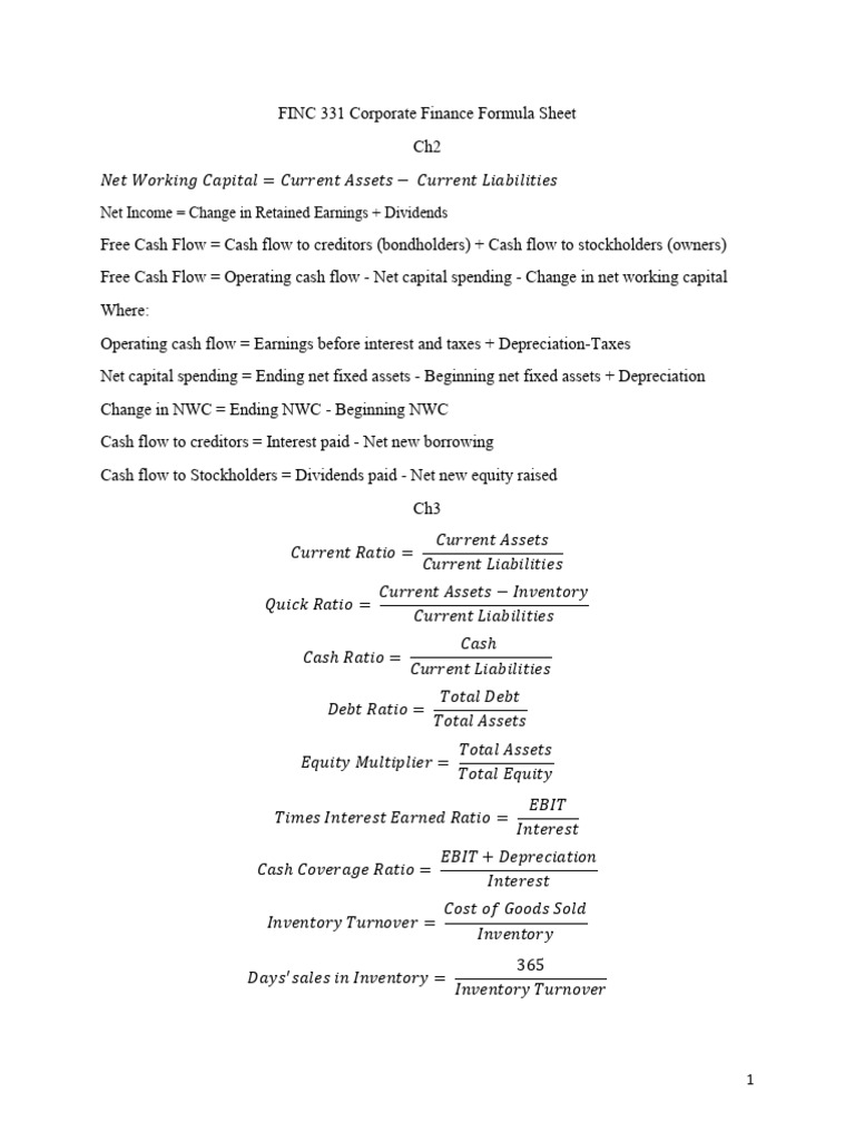 Final Formula sheet | PDF | Free Cash Flow | Financial Economics