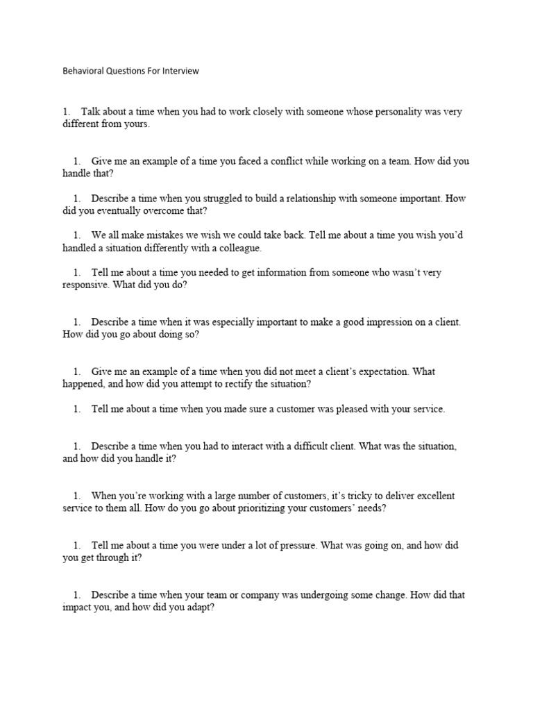 Behavioral Questions For Interview | PDF | Behavioural Sciences | Cognition