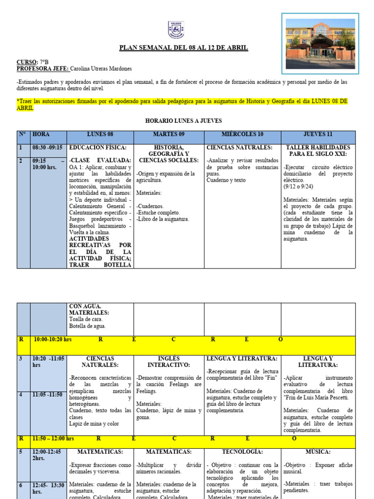 Plan Semanal 7â°b Semana Del 08 Al 12 de Abril | PDF