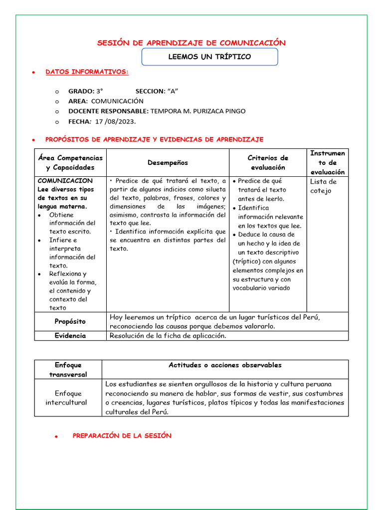 3° Ses Comu Jueves 17 Leemos Un Triptico | PDF | Evaluación | Aprendizaje