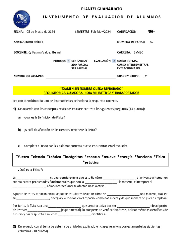 Examen Parcial 4°a Y B Pdf Física Metrología