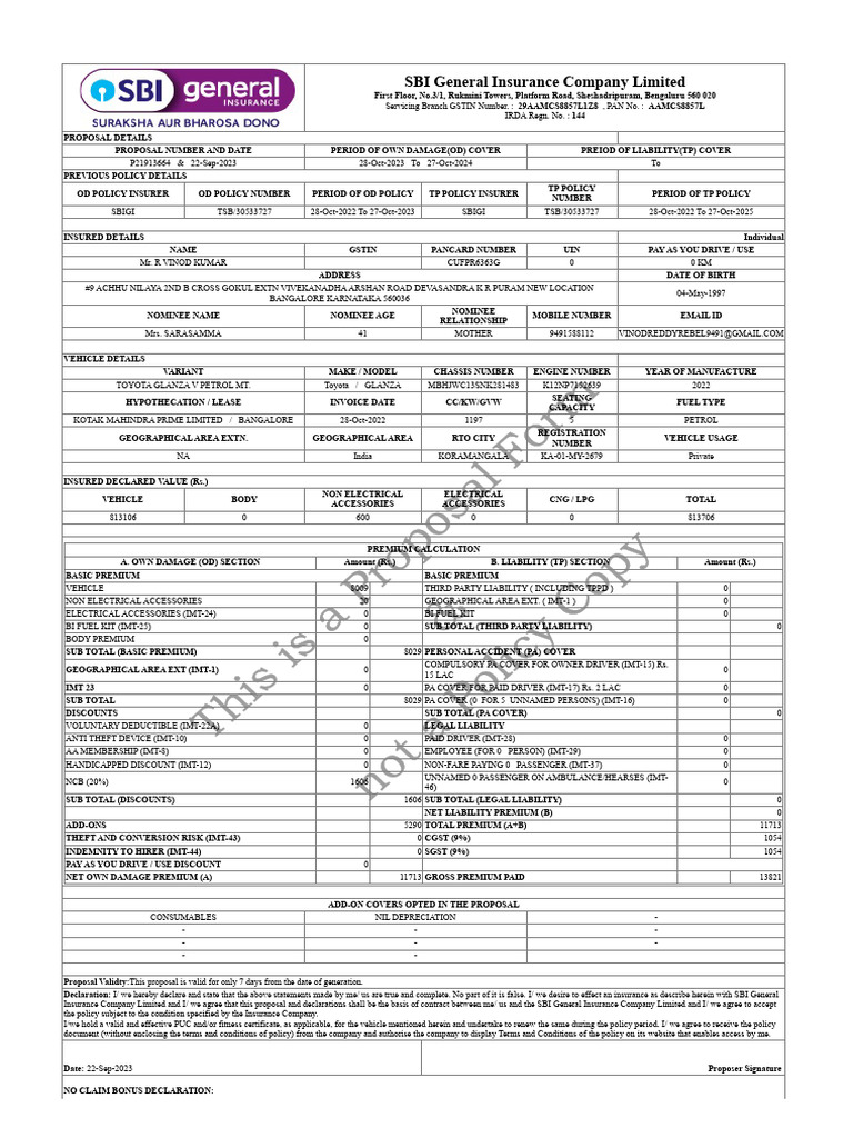 R Vinod Kumar Sbi Advance | PDF | Insurance | Motor Vehicle