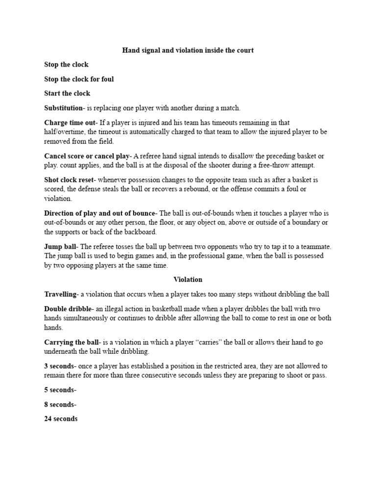 Hand Signal and Violation Inside The Court | PDF | Games Of Physical ...