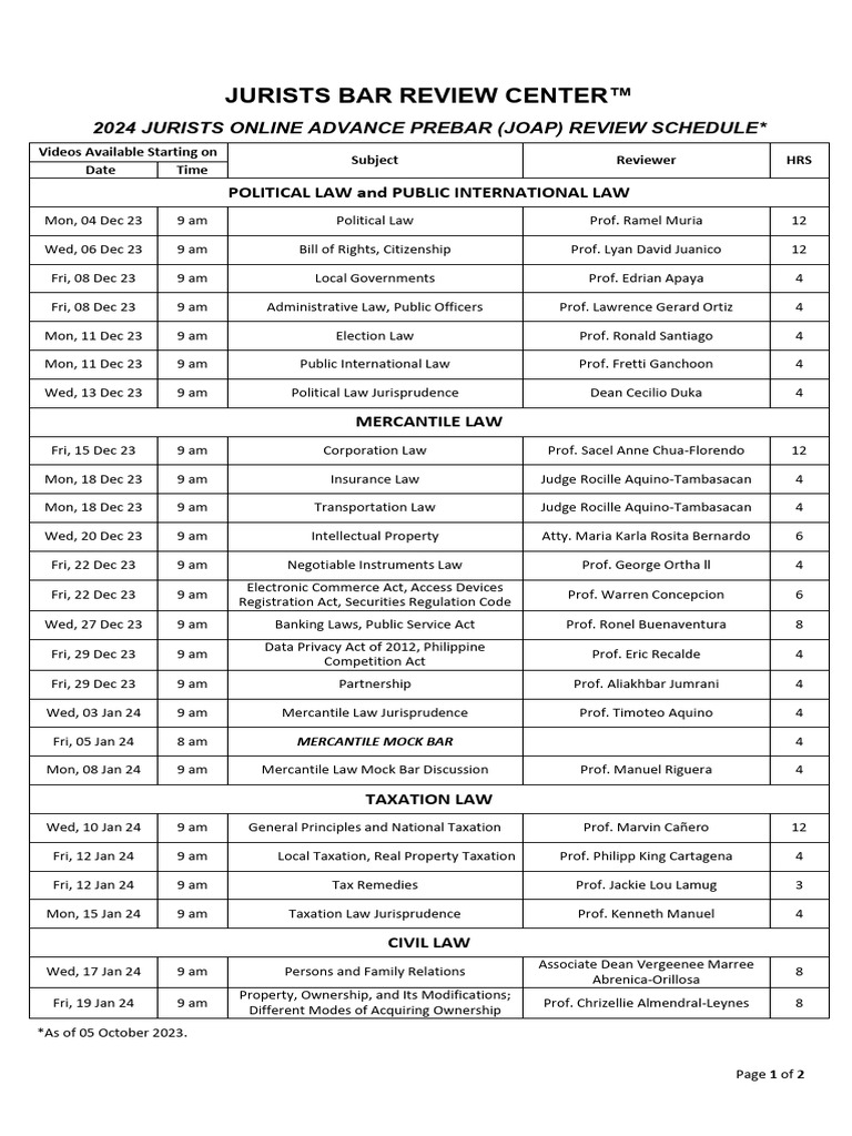 2024-JOAP-Schedule-of-Lectures | PDF | Civil Law (Legal System ...