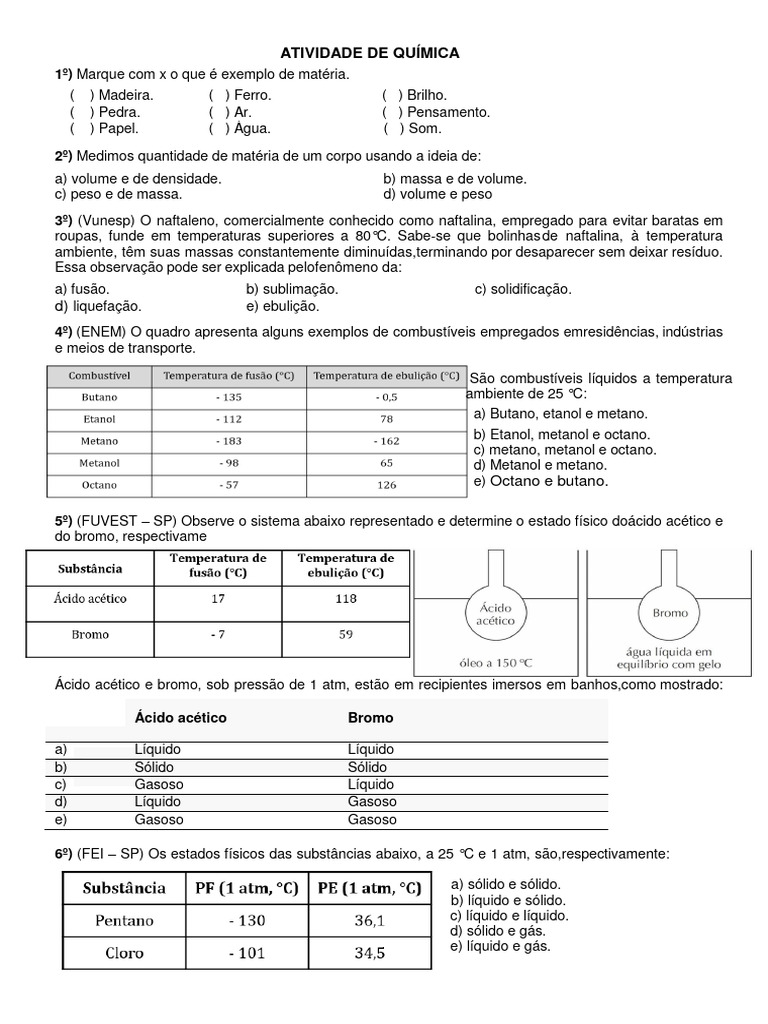 Atividade De Química 1º Ano Pdf Congelamento Evaporação