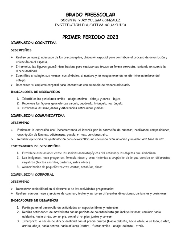Desempeños e Indicadores de Logro Grado Preescolar 1° Periodo 2023 | PDF | Educación de la ...