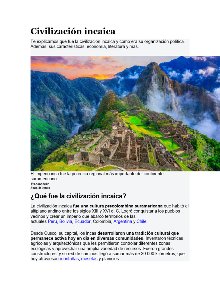 Civilización incaica para niños | PDF | Imperio Inca | Andes