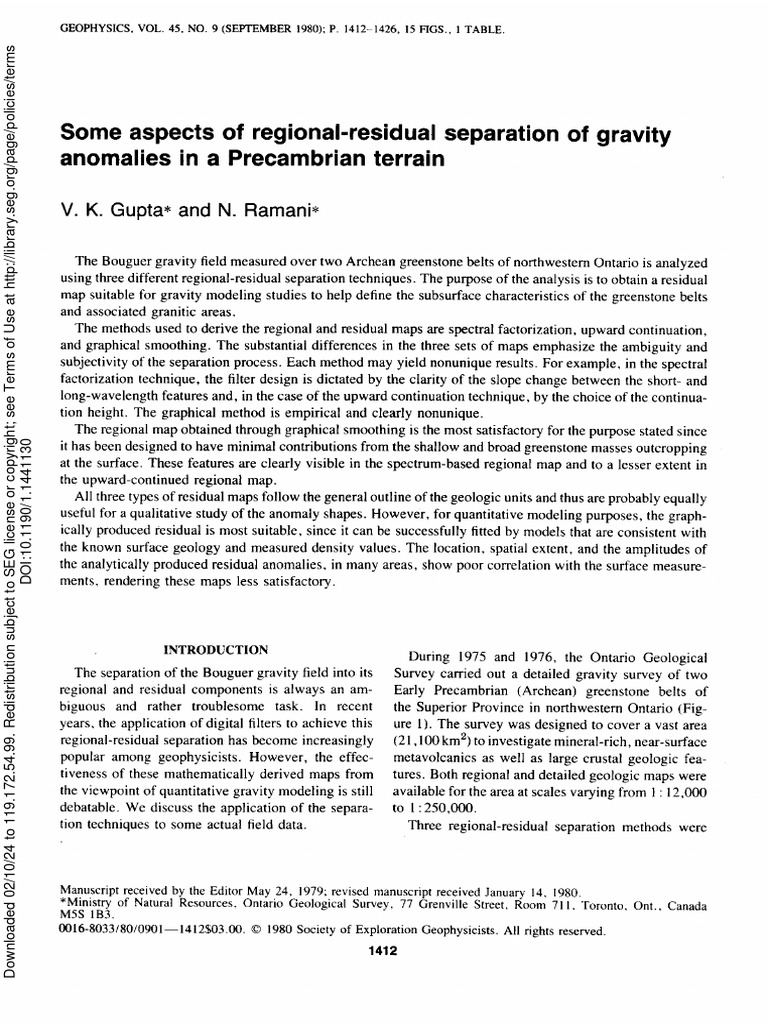 Gupta Ramani 2012 Some Aspects of Regional Residual Separation of Gravity Anomalies in A ...