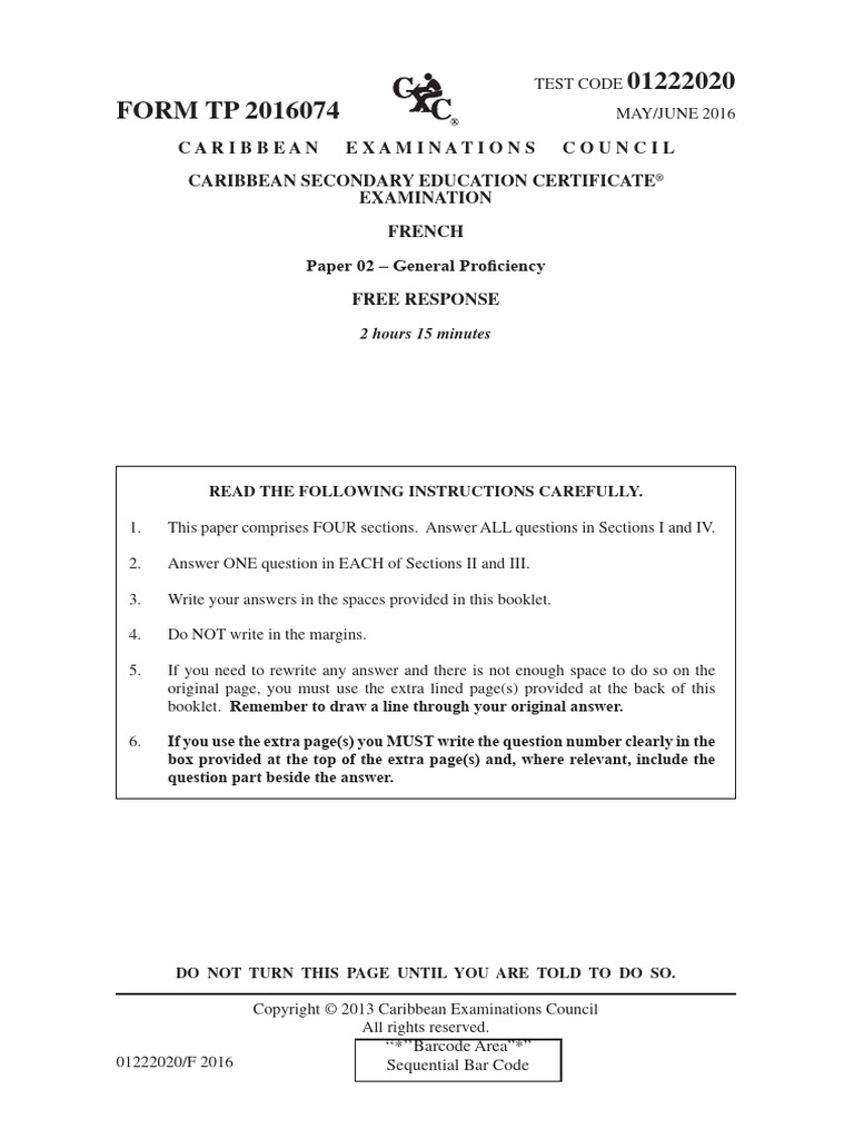 CSEC French Paper 2 Booklet (2016 - 2022) | PDF | Barcode