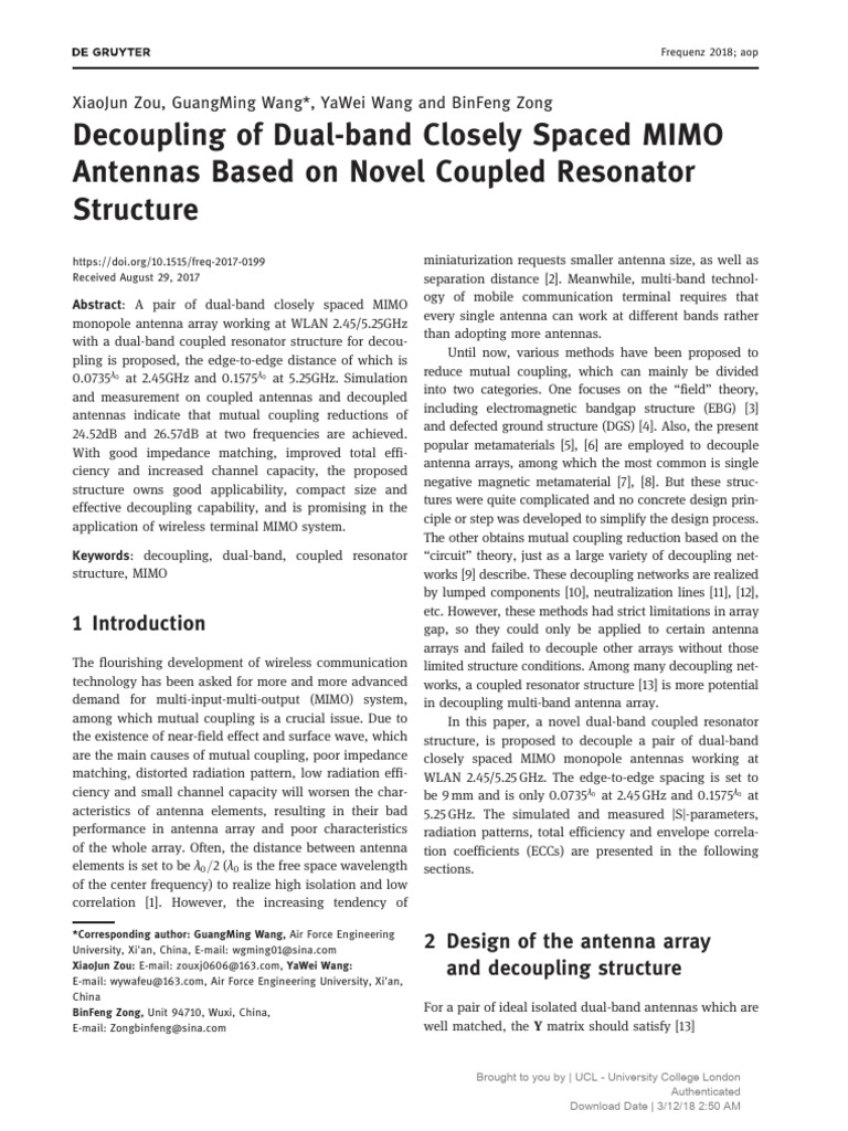 Decoupling of Dual-Band Closely Spaced MIMO Antennas Based On Novel Coupled Resonator Structure ...