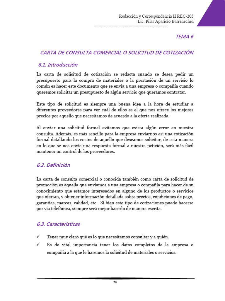 TEMA 6 CARTA DE CONSULTA COMERCIAL O SOLICITUD DE COTIZACIÓN 1er BIM ...