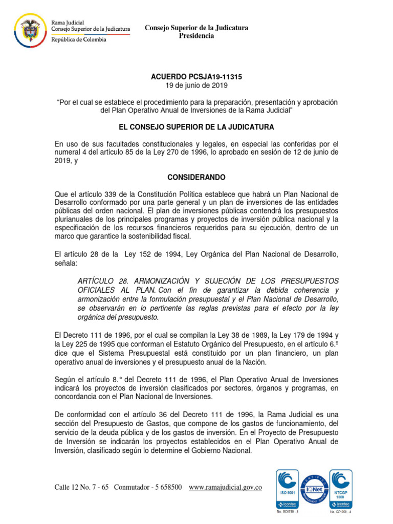 PCSJA19-11315 - Reglamento - Plan Operativo Anual | PDF | Presupuesto ...