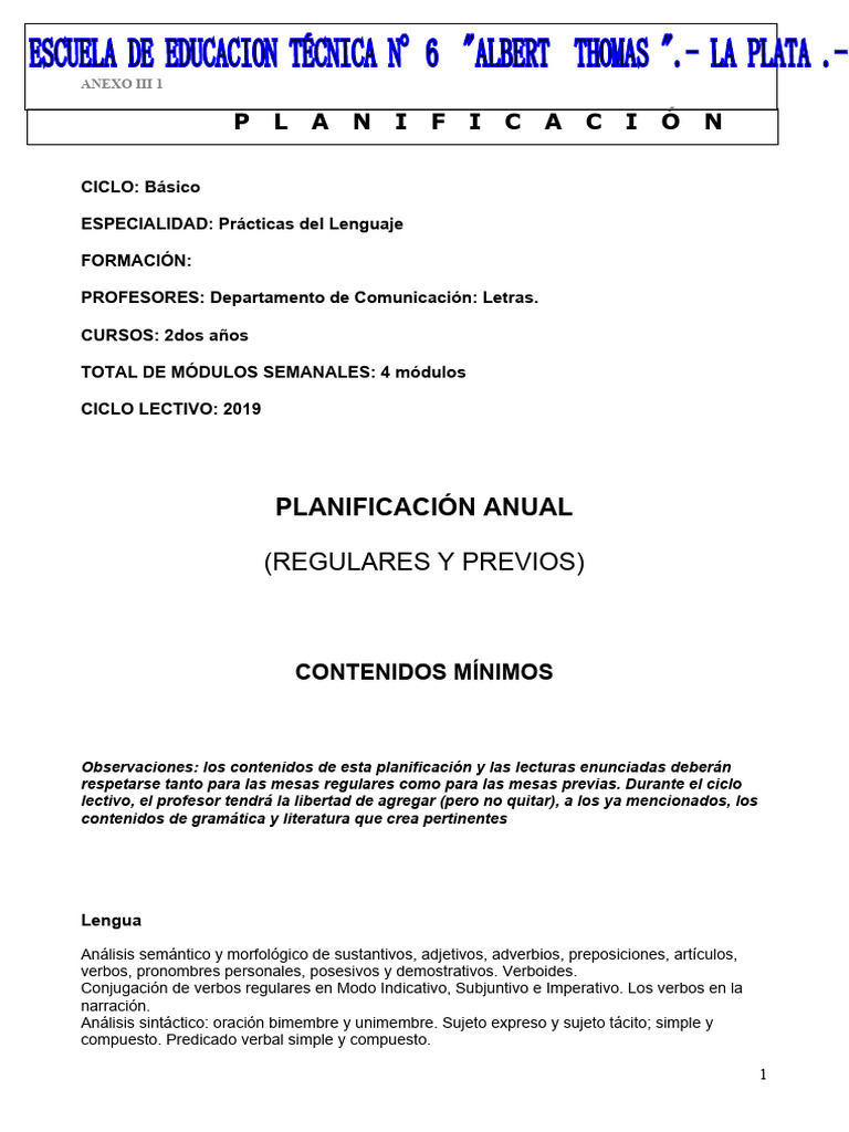2dos Años Planificacion Lengua | Descargar gratis PDF | Verbo ...