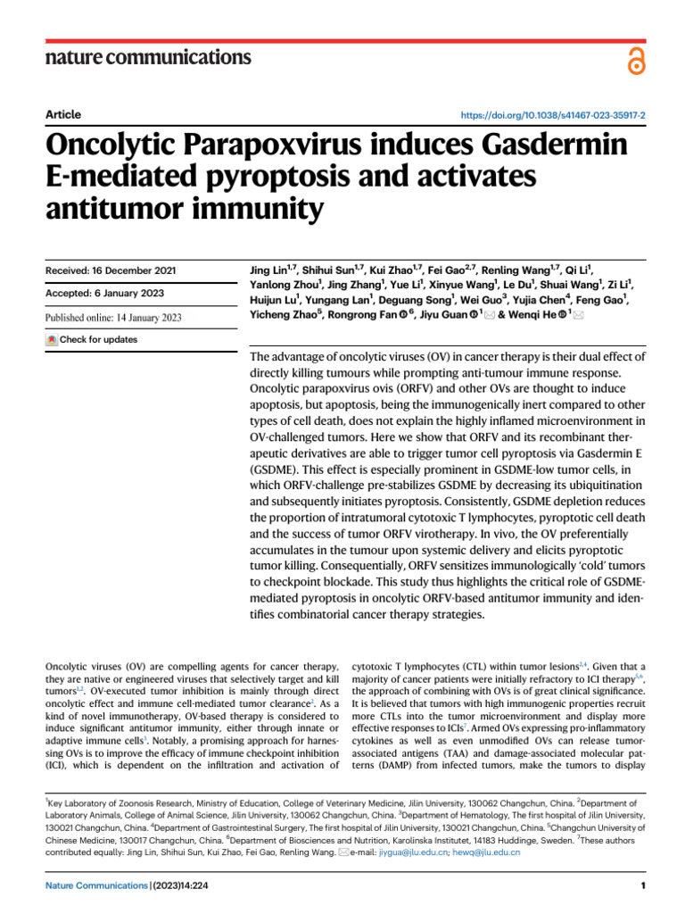 Oncolytic Parapoxvirus Induces Gasdermin E-Mediated Pyroptosis and ...