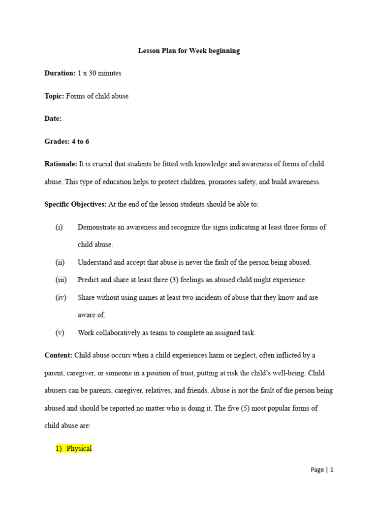 Forms of Child Abuse Lesson Plan 4 To 6 | PDF | Child Neglect | Child Abuse
