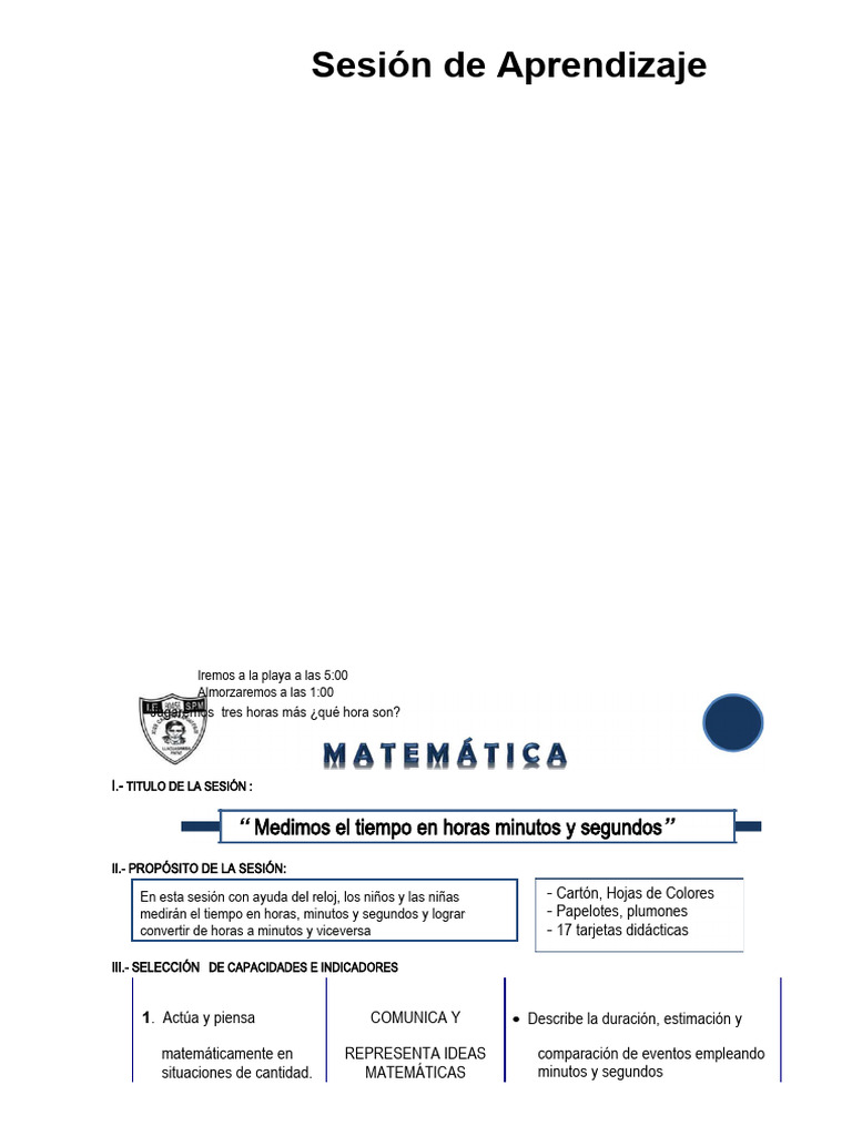 Sesion de Matematica 5to Medimos El Tiempo Primaria | PDF | Reloj