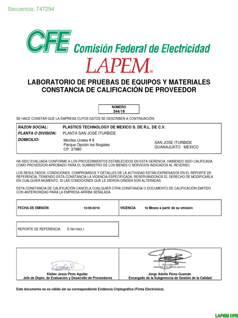 Constancia Calificacion de Proveedor LAPEM | PDF | México