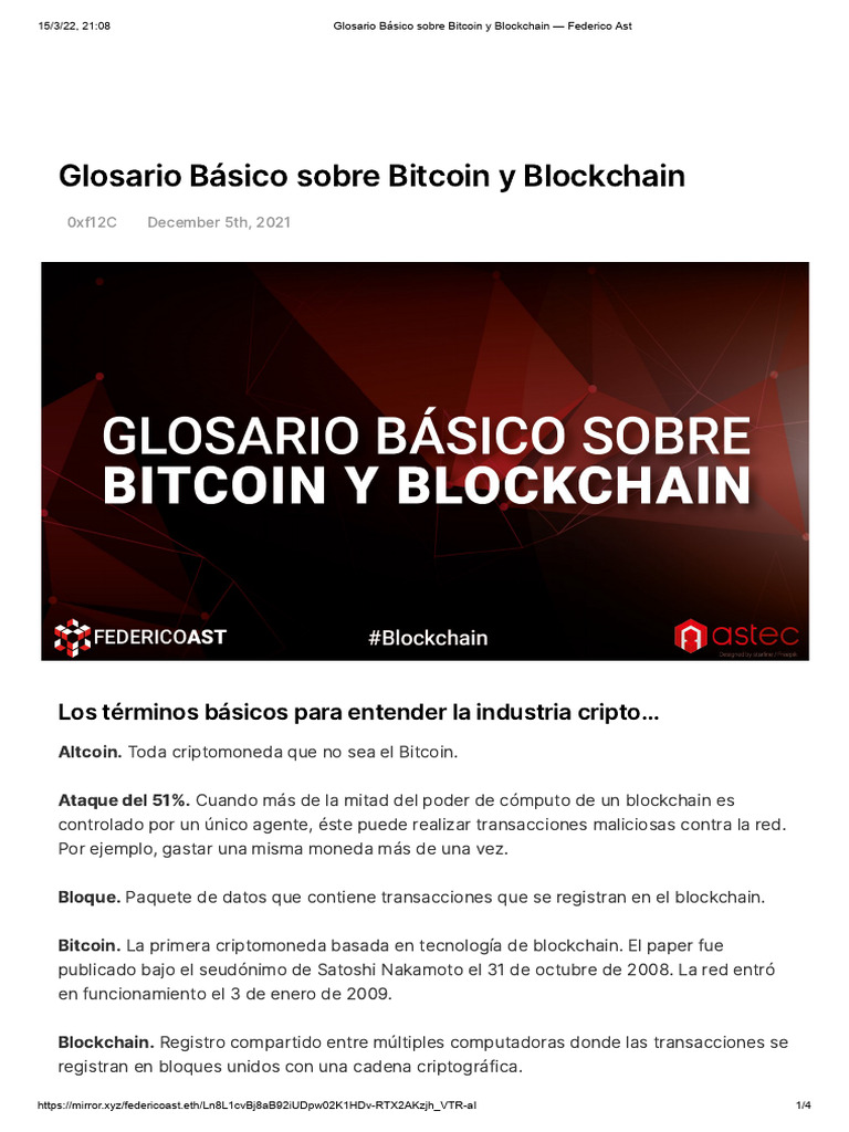 7 - Glosario Básico Sobre Bitcoin y Blockchain - Federico Ast | PDF | Criptomoneda | Bitcoin