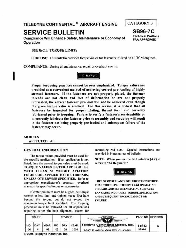 SB96-7C Torque Limits TCM (1) | PDF | Nut (Hardware) | Engines