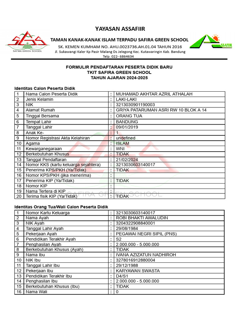 Formulir Pendaftaran TKIT Safira | PDF