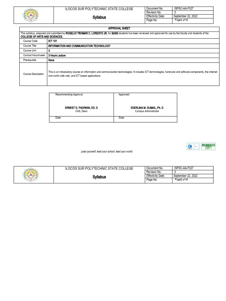 ICT 101 Information and Communication Technology Syllabus | Download Free PDF | Microsoft Power ...
