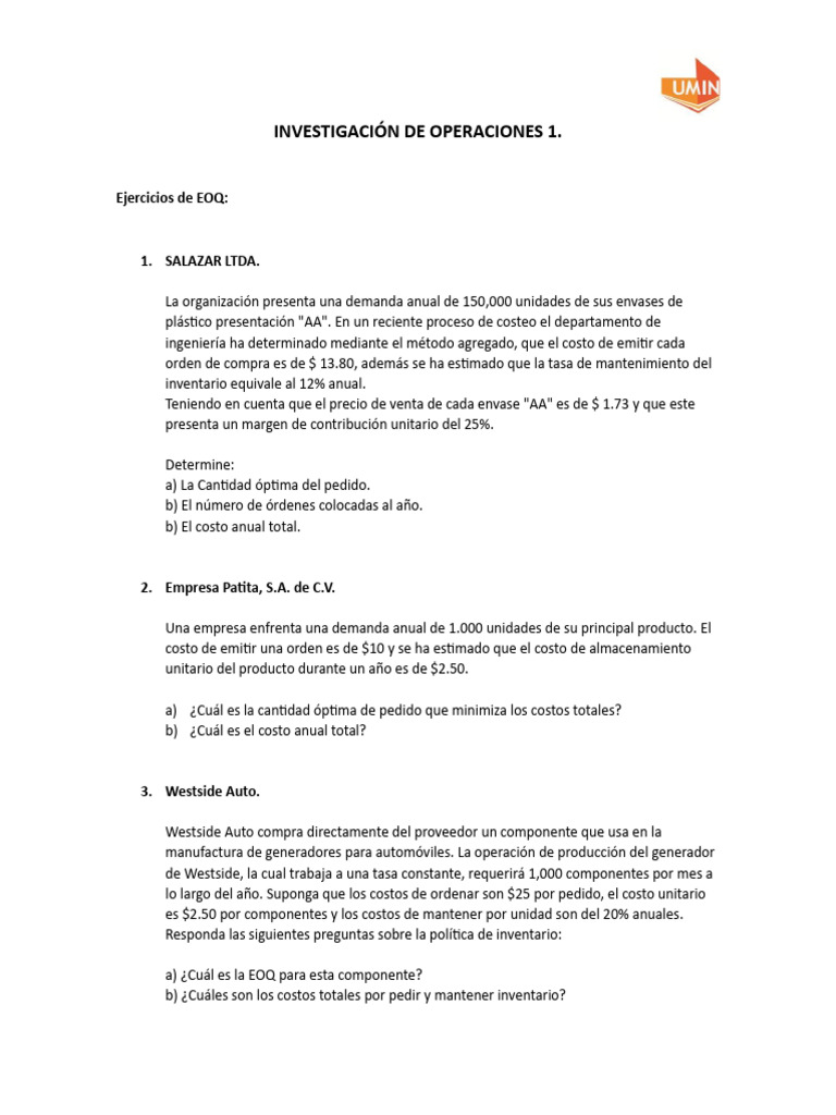 Ejercicios Basicos de EOQ | PDF