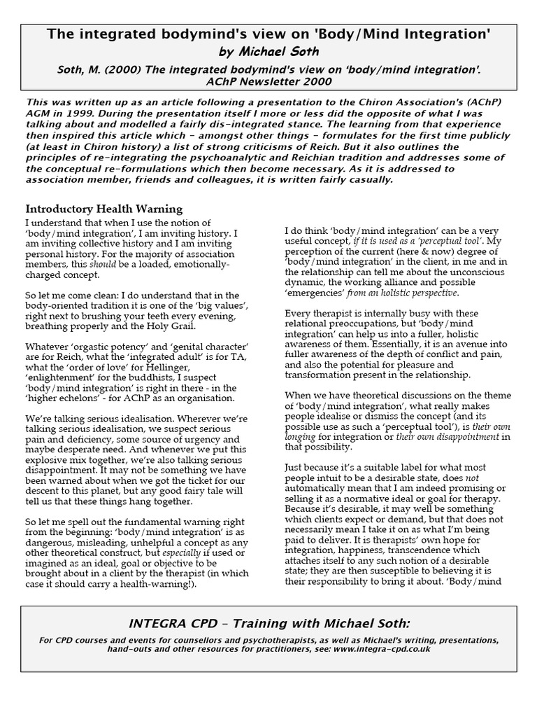 Soth2000 Bodymind Integration | PDF | Psychotherapy | Psychoanalysis