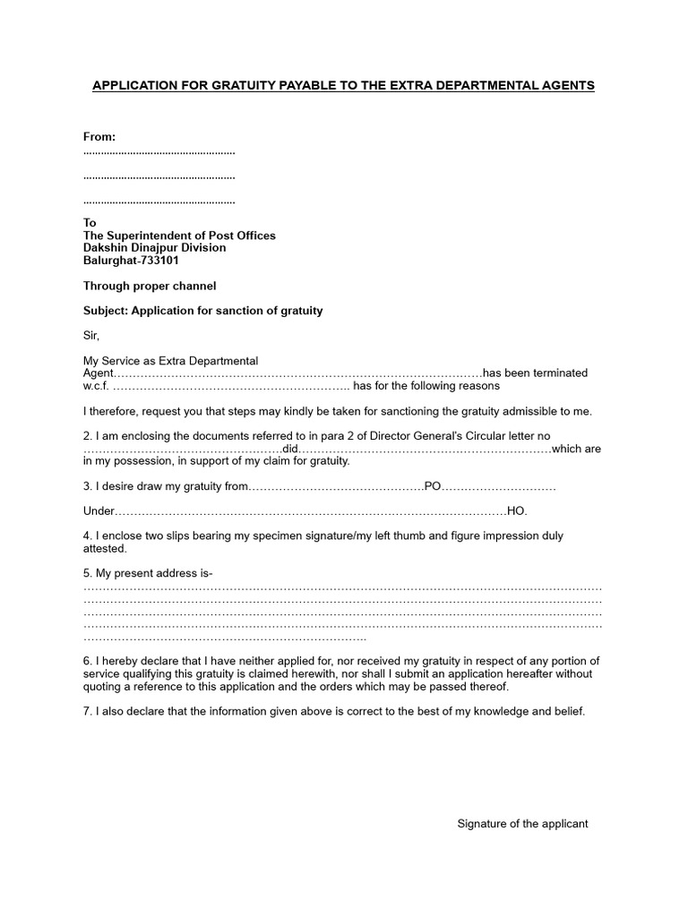 Application For Gratuity Payable To The Extra Departmental Agents | PDF