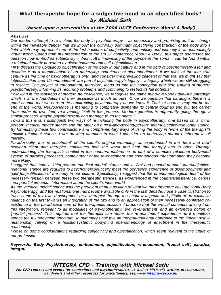 Soth2004 Subjective Mind Objectified Body Long | PDF | Psychotherapy | Mind