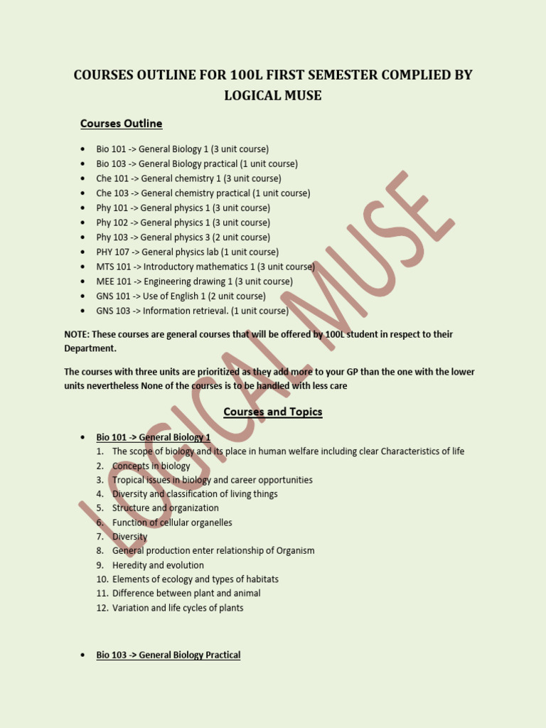 Courses Outline For 100L First Semester Complied by Logical Muse | PDF ...