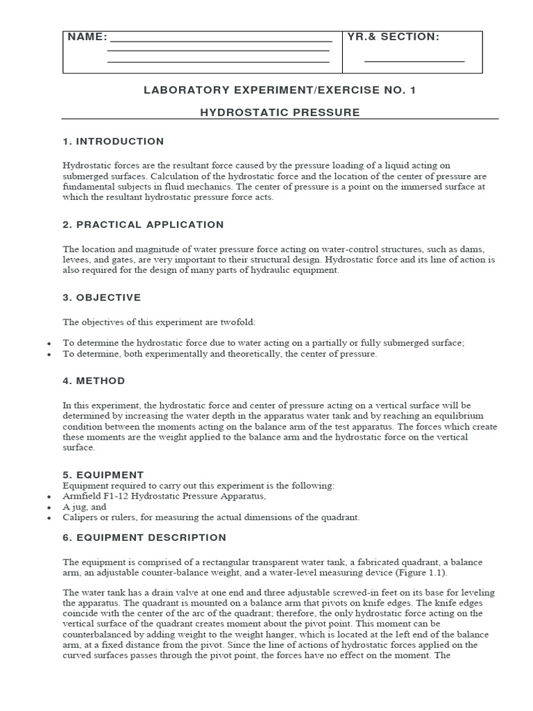Experiment Hydrostatic Pdf Force Pressure