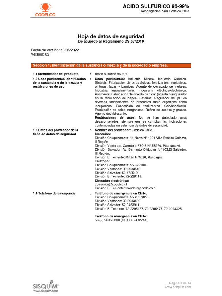 HDS Acido Sulfurico 96 - Al 99 | PDF | Agua | Corrosión