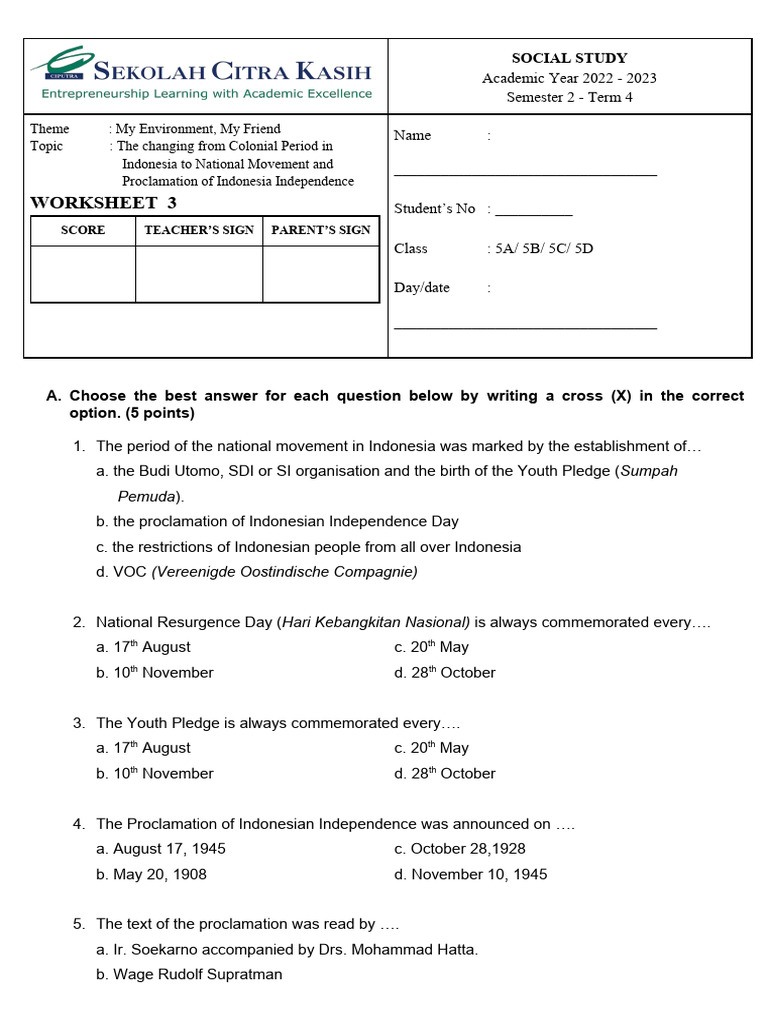 SS WORKSHEET 3 National Movement Period | PDF | Indonesian People ...