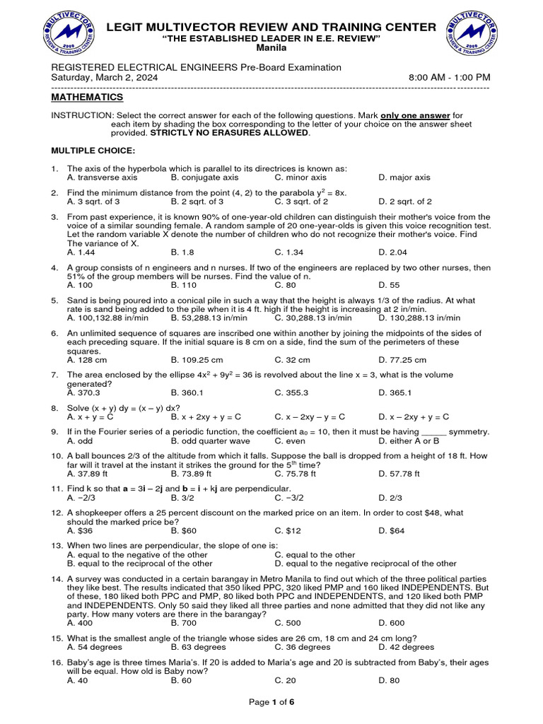 2a - Mathematics Preboard Exam April 2024 | PDF | Mean | Area
