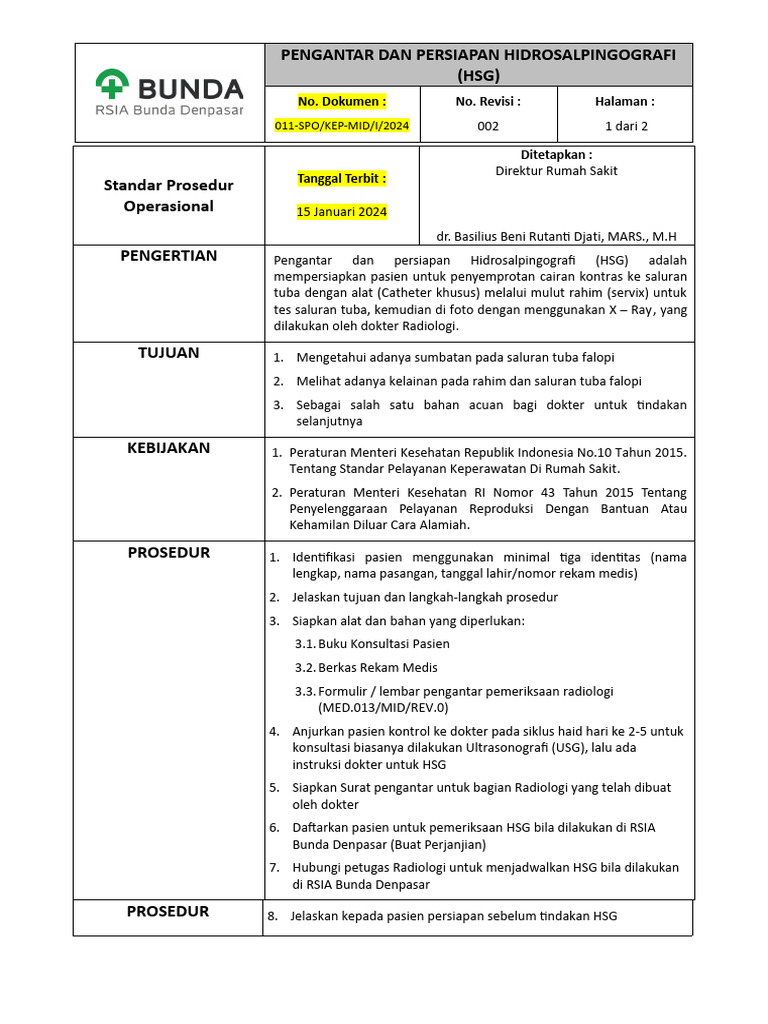 011-Spo Pengantar Dan Persiapan Hidrosalpingografi (HSG) Rev. 02 2023 | PDF