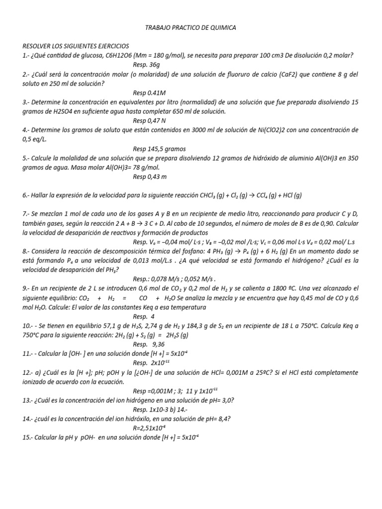 Ejercicios de Química: Soluciones y Velocidades | PDF | Concentración ...