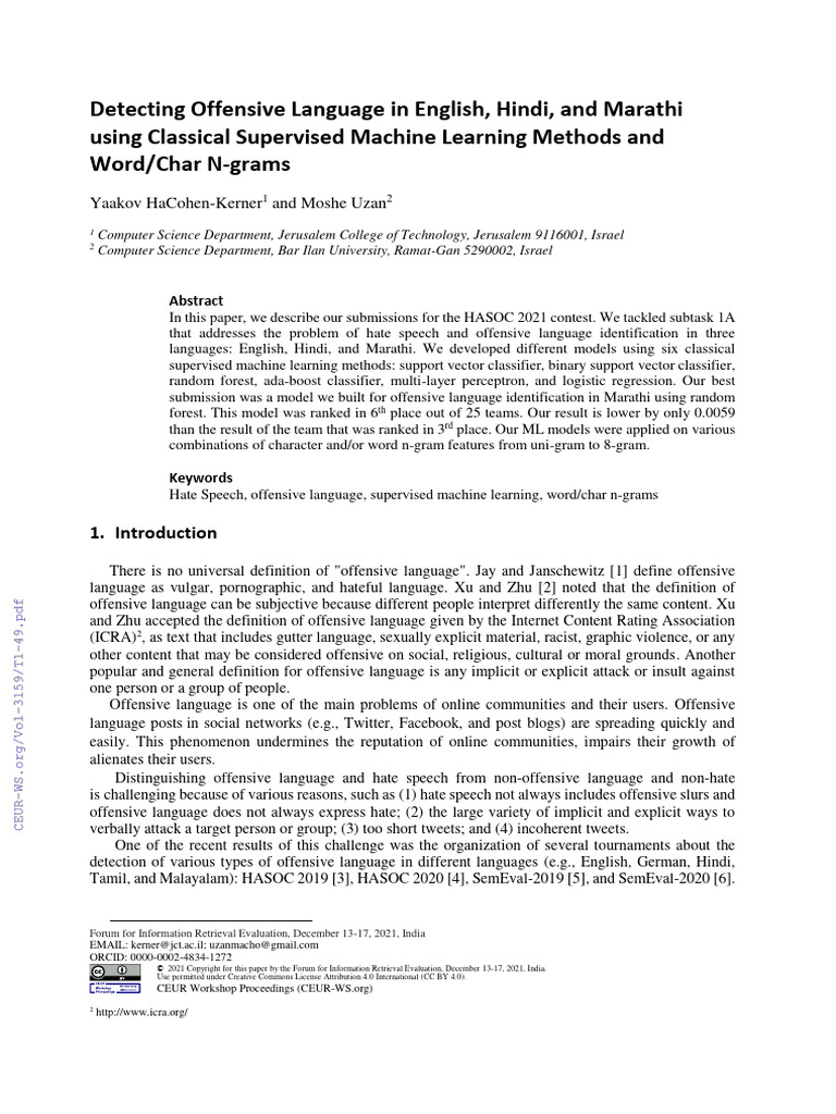 Detecting Offensive Language in English, Hindi, and Marathi Using Classical Supervised Machine ...
