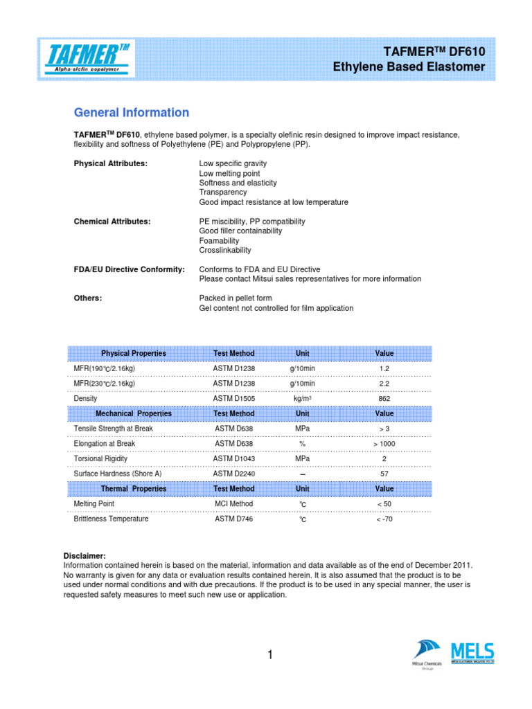 TAFMER DF610 Ethylene Elastomer Overview | PDF | Polyethylene | Polymers