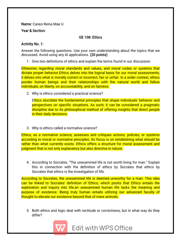Reina Mae Caneo - ETHICS - ACTIVITY 1 | PDF | Morality | Logic