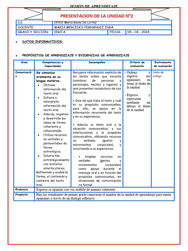 Sesión De Com Presentamos El Titulo De La Unidad 2 Pdf Evaluación