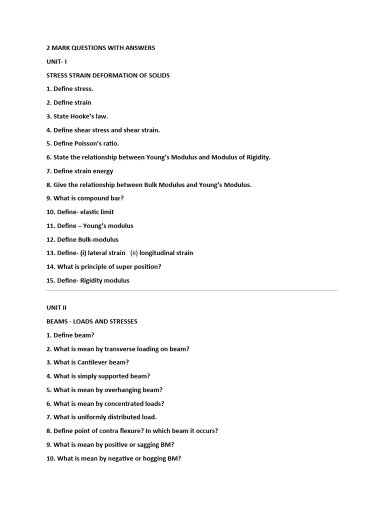 Strength of Materials (SOM) - 2 MARK QUESTIONS | PDF | Bending | Stress ...