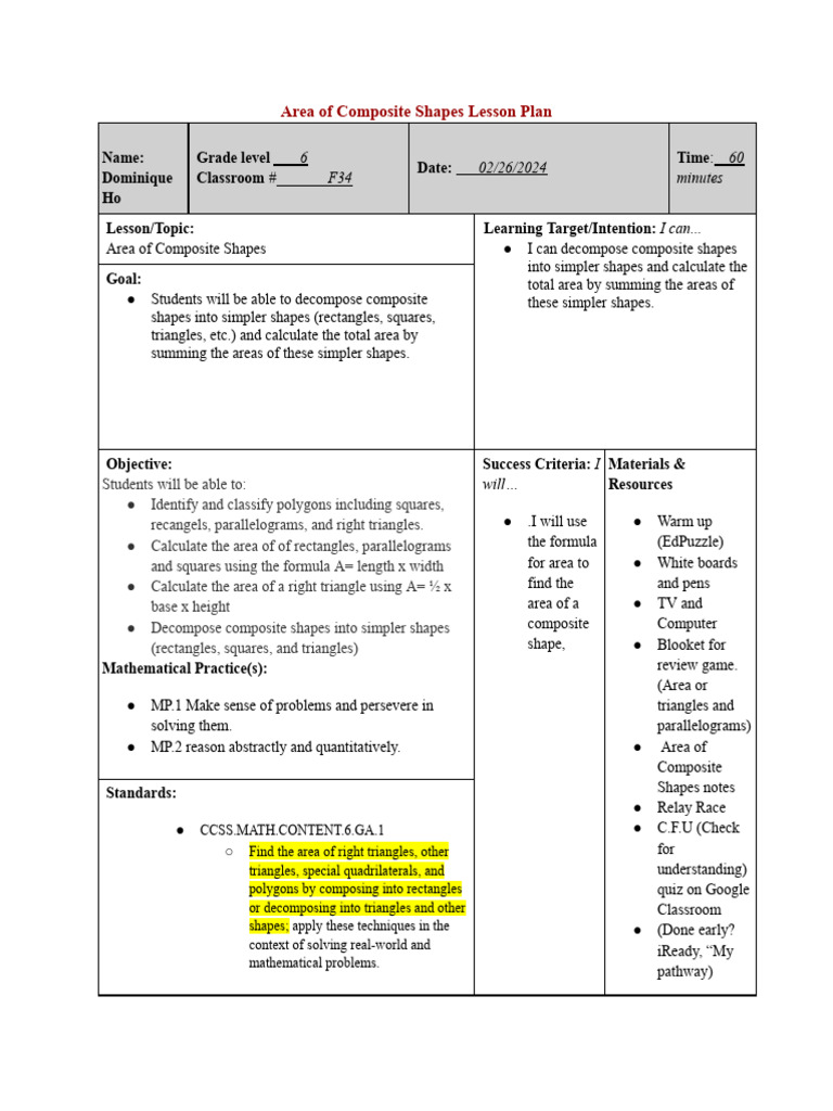 Area of Composite Shapes Lesson Plan | PDF | Area | Shape